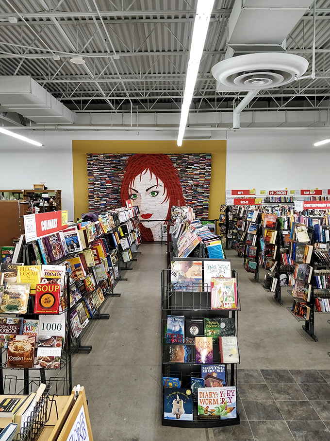The book section features a stunning wall mural &ndash; because even bibliofiles deserve beautiful surroundings while hunting for literary treasures.