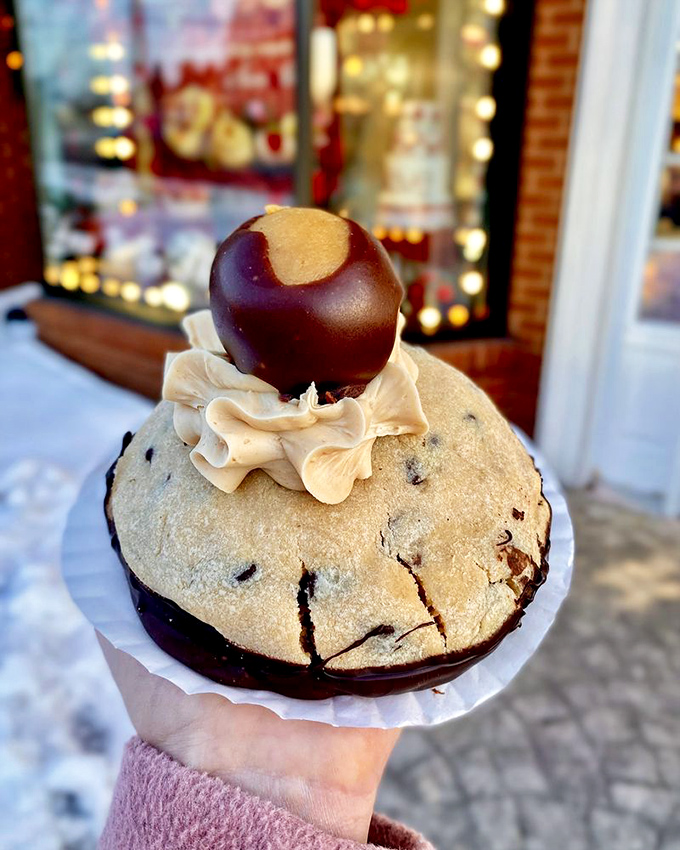 Part cookie, part sculpture, this chocolate-dipped creation topped with what appears to be a buckeye would make Ohio and Pennsylvania call a truce.