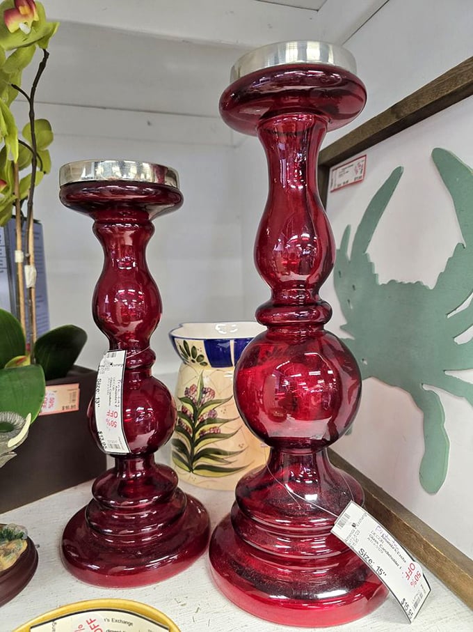 Ruby red elegance without the ruby red price tag. These glass candlesticks would add dramatic flair to any dining table or mantel.