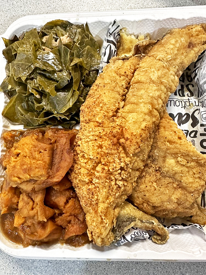 The catfish dinner that launched a thousand road trips. Those collards and candied yams are no mere supporting actors.