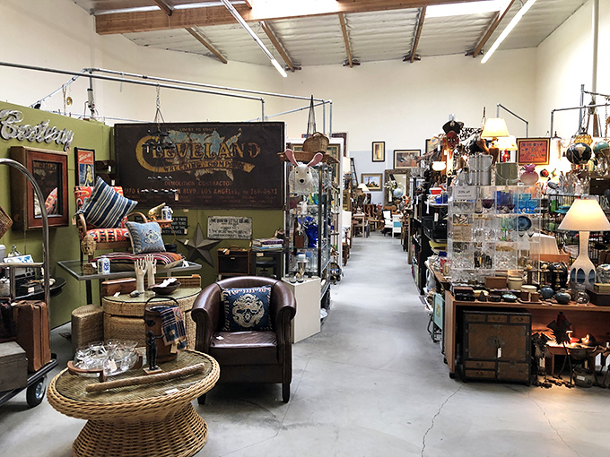 That leather club chair isn't just seating&mdash;it's a front-row ticket to the past, surrounded by enough vintage signage to open your own time capsule.