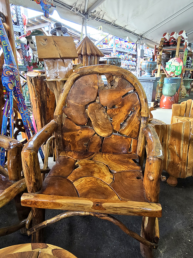 Not just a chair, but a throne fit for the ruler of a rustic kingdom, crafted from wood that remembers its life as a tree.