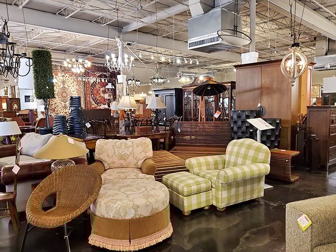 The living room section: where mid-century meets Victorian meets "I need that green chair in my life immediately."