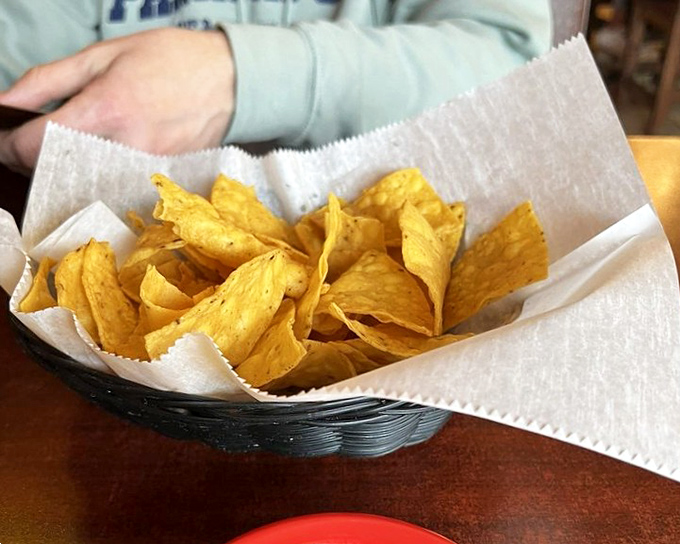 Golden triangles of possibility&mdash;each chip a blank canvas awaiting its salsa destiny. The paper-lined basket isn't just serving chips; it's delivering happiness by the handful.