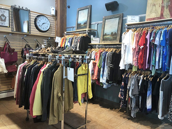 Color-coordinated clothing racks create a visual feast that makes browsing feel less like work and more like pleasure.