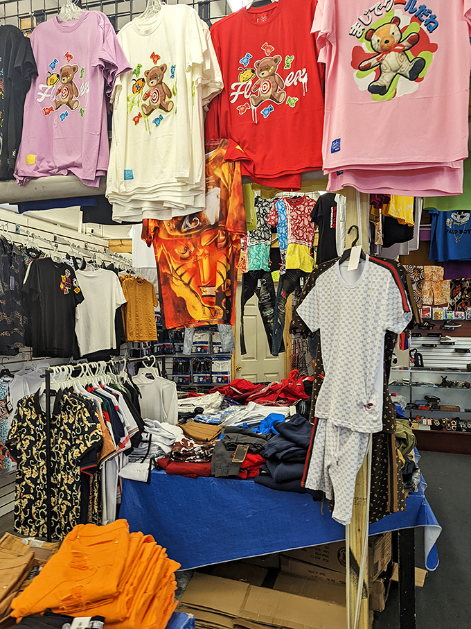 T-shirts featuring cheerful bears hang alongside designer-inspired pieces, creating a fashion democracy where every style gets a vote.