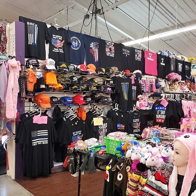 T-shirt philosophy and patriotic headwear—the unofficial uniform department where Midwesterners stock up on conversation starters for summer barbecues.