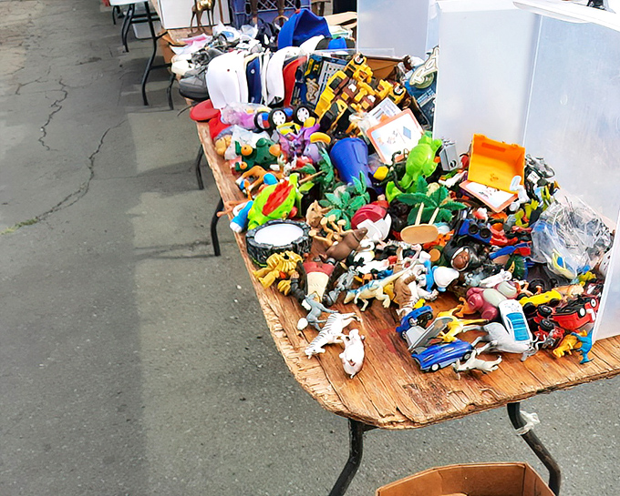 A colorful chaos of childhood memories for sale&mdash;where one person's toy box cleanout becomes another's nostalgic treasure.