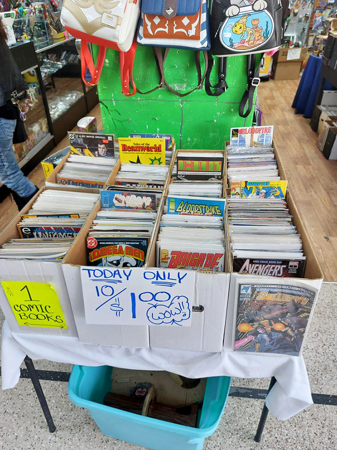 Comic book heaven for collectors and nostalgic readers alike. That "10 for $1" box is where dreams and allowance money disappear with equal speed.