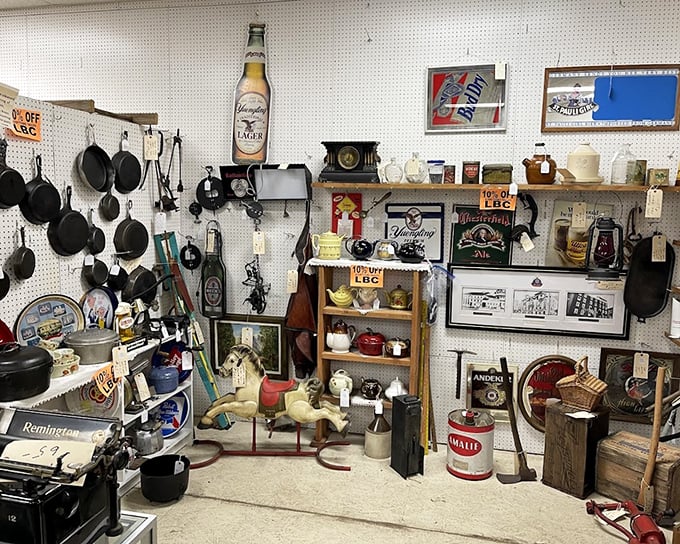 Cast iron that's seen more family dinners than you've had hot breakfasts, alongside vintage advertising that captures bygone Americana.