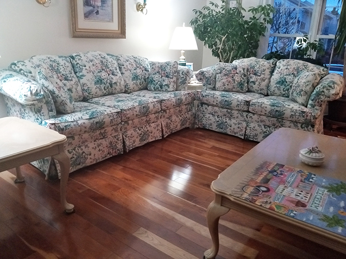Floral patterns that transport you straight to 1990s comfort. This sectional has hosted countless family movie nights and holiday gatherings.