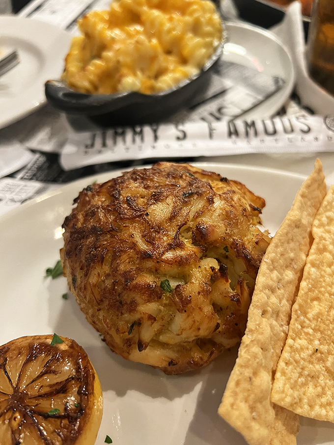 Not a crab cake but what appears to be a beautifully browned crab-free creation alongside some mac and cheese that's clearly living its best life.