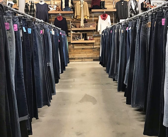 Denim heaven stretches before you &ndash; a blue jean boulevard where your perfect pair waits patiently among the ranks.