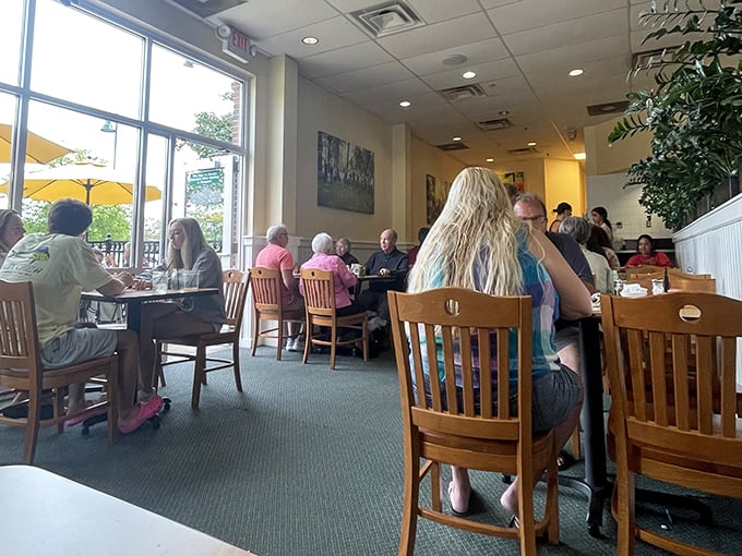 A typical morning scene: diverse diners united by the universal language of "breakfast food makes everything better."