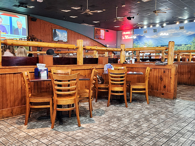 Wood paneling and mountain views create that classic "lodge where calories don't count" atmosphere we all desperately need.