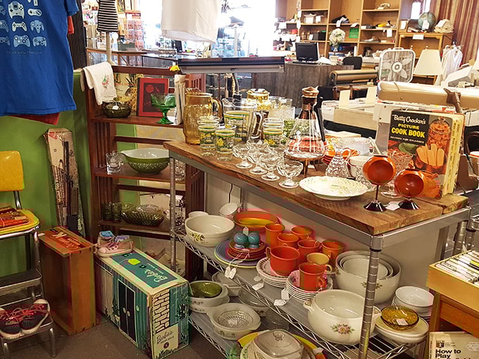 Mid-century kitchenware in colors not found in nature. Those orange Pyrex bowls survived countless potlucks and still look better than modern alternatives.