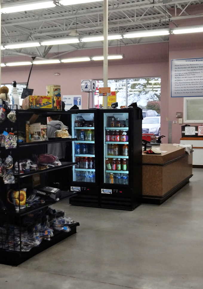 Even the checkout area offers last-minute temptations. Those refrigerated drinks are for shoppers who've worked up a bargain-hunting thirst.