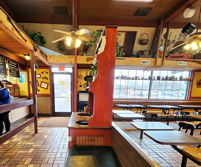 The dining room's warm wood tones and practical layout say, "We care more about your meal than being Instagram-worthy"&mdash;and we love it.