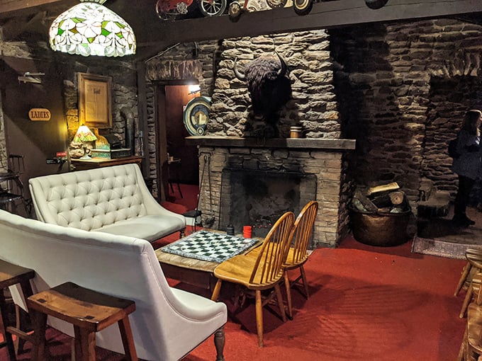 Not just a fireplace&mdash;a time machine to when people gathered around hearths instead of screens, complete with checkerboard for actual face-to-face interaction.