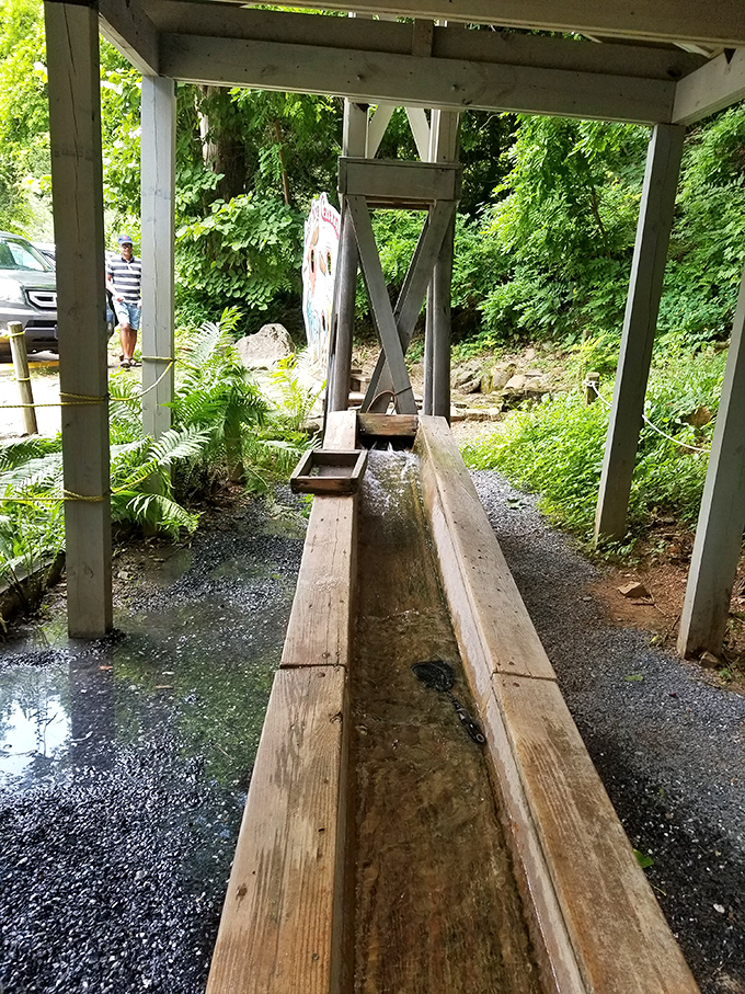 This wooden flume system outside the caverns demonstrates how water once powered local industry, nature's original renewable energy source.