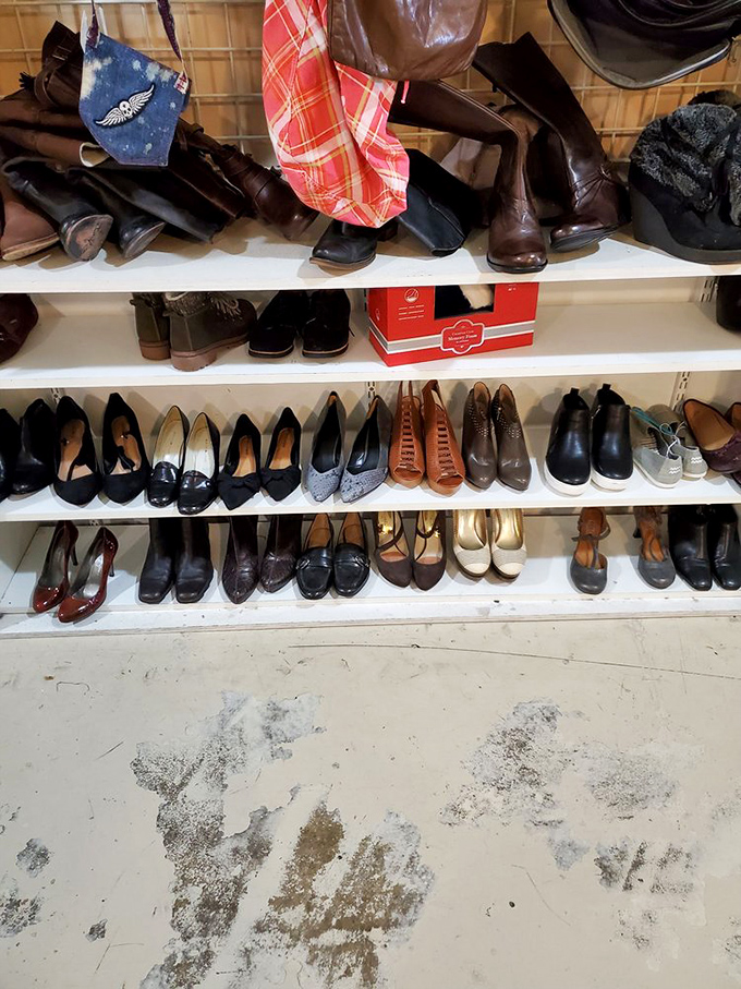 The shoe section: where vintage boots with character stand at attention next to barely-worn heels still dreaming of dance floors.