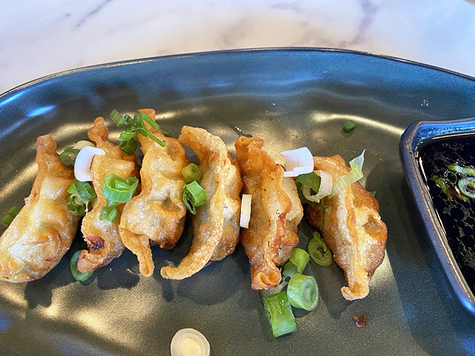 Dumplings doing their best synchronized swimming routine &ndash; crispy bottoms up, ready for their soy sauce dive.