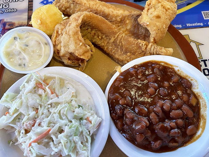 Fried walleye that would make a Minnesotan weep with joy, paired with sides that understand the assignment of complementing without competing.