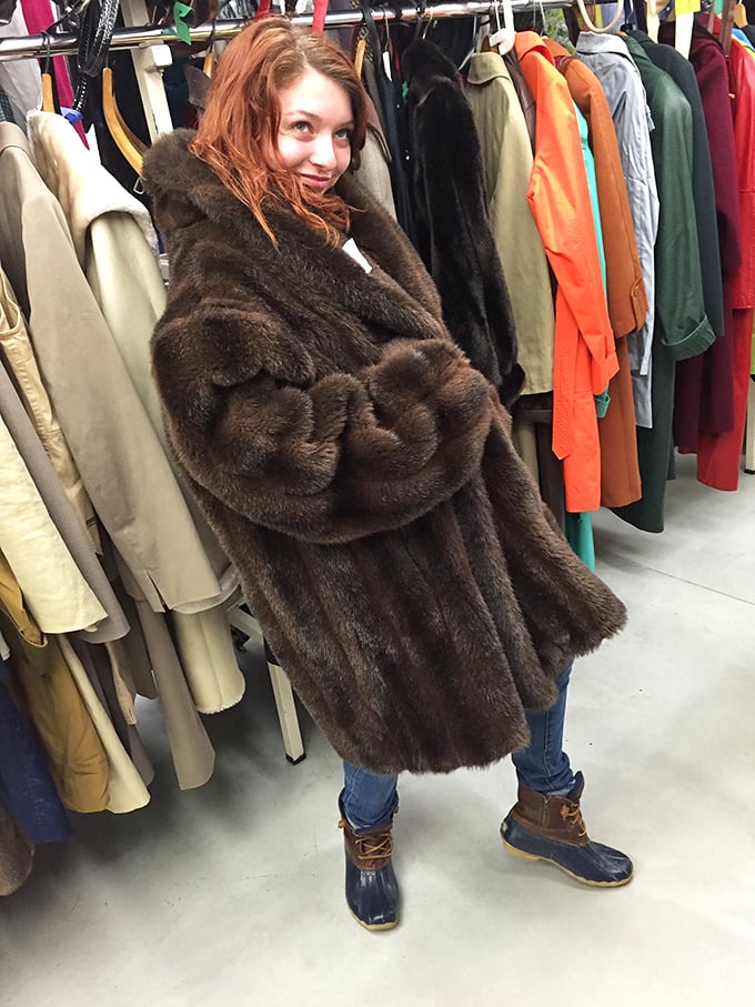 Vintage glamour at thrift store prices! This luxurious fur coat transforms its wearer from bargain hunter to old Hollywood star in one fabulous swoop.
