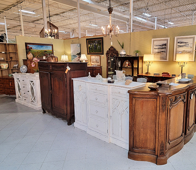 The furniture section showcases craftsmanship from eras when things were built to last generations, not just until the next design trend.