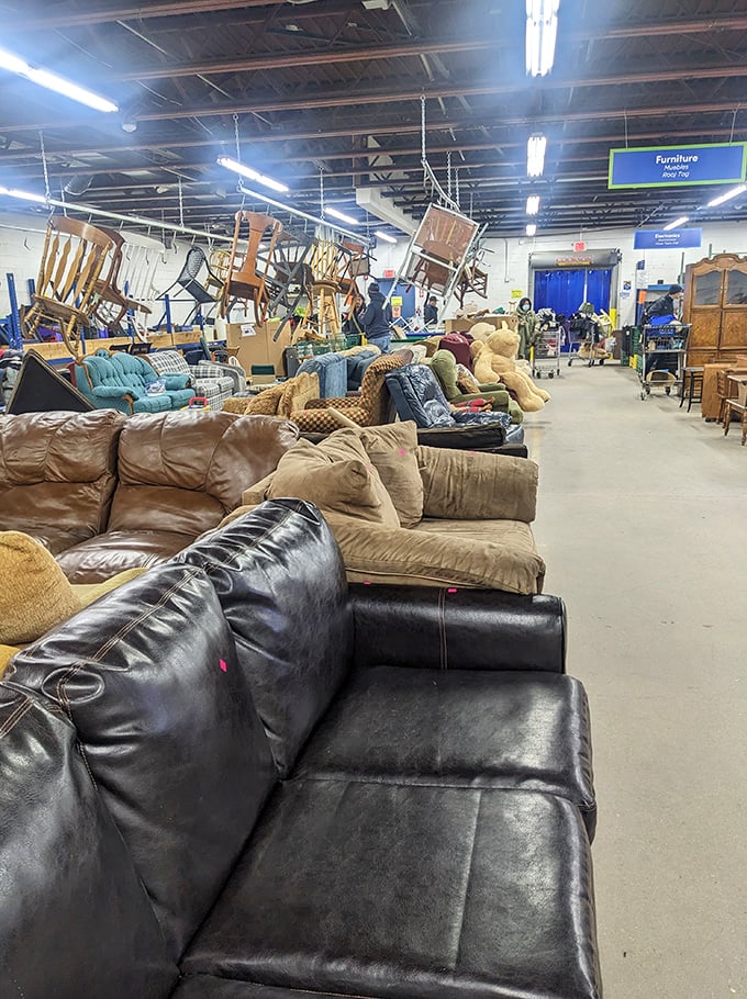The furniture section: where mid-century meets mid-nineties in perfect harmony. That leather couch has stories to tell&mdash;some best left untold.