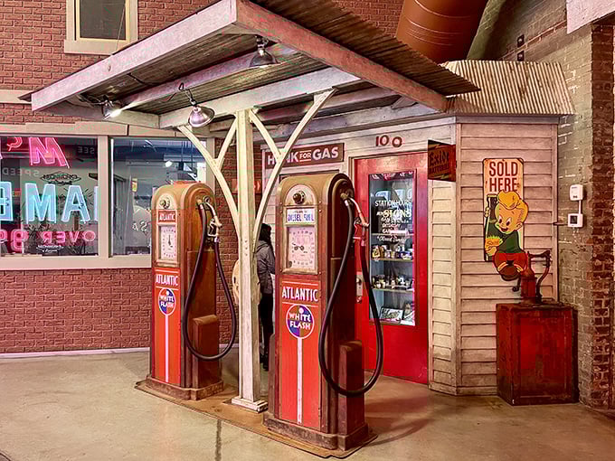 Fill 'er up with memories! This meticulously preserved gas station display transports visitors to an era when service attendants actually pumped your gas.