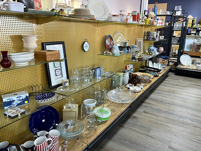 Crystal and glassware that would make your grandmother swoon, arranged with the care usually reserved for museum exhibits.