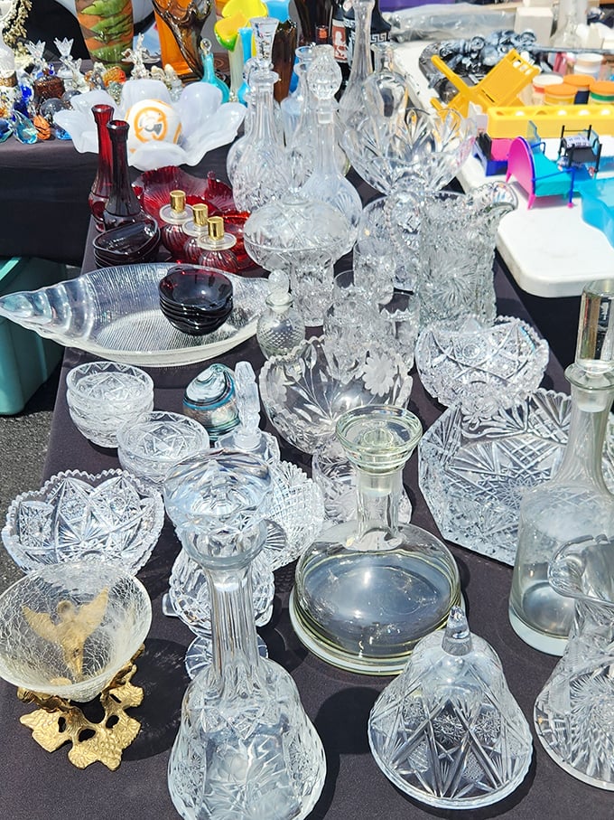 Crystal kingdoms catch the morning light, transforming ordinary tables into dazzling displays of cut glass and forgotten elegance.