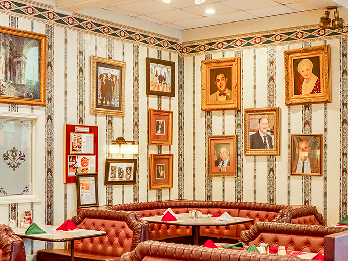 The wall of framed memories tells stories without words, creating that rare atmosphere where you feel like you're dining in someone's cherished family home.