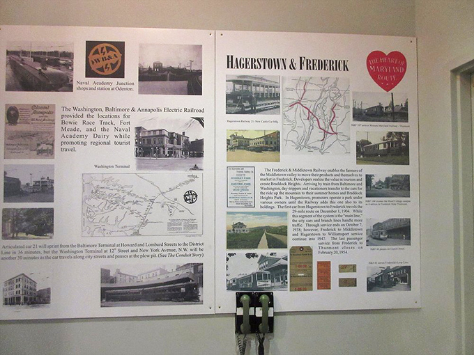 Wall displays map out the intricate network of trolley lines that once connected Maryland communities. Before highways, these were the lifelines that stitched neighborhoods together.