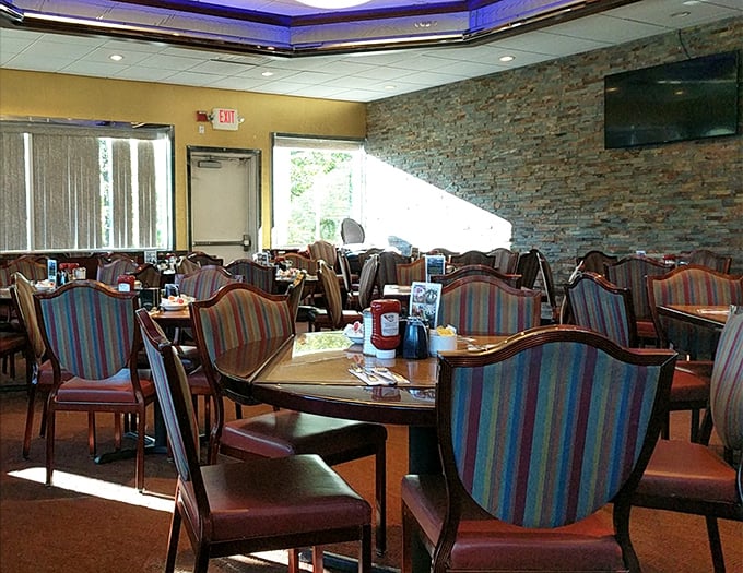 The warm interior lighting and comfortable seating create an atmosphere perfect for unhurried dining experiences together.