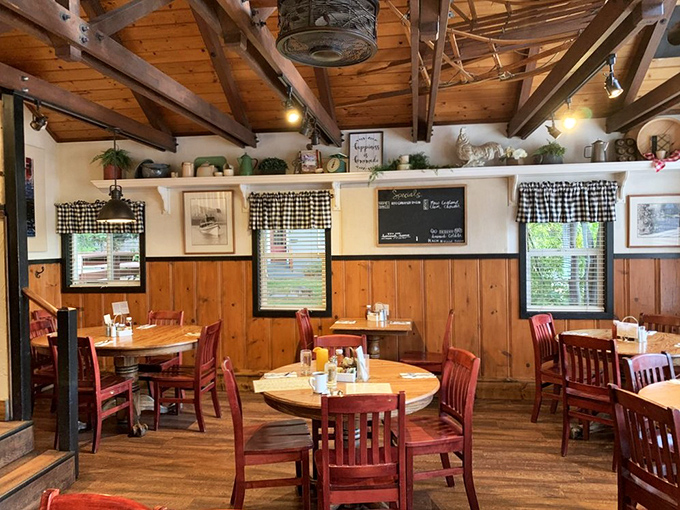 Knotty pine walls and exposed beams create that "grandma's cabin meets gourmet kitchen" vibe we all secretly crave.