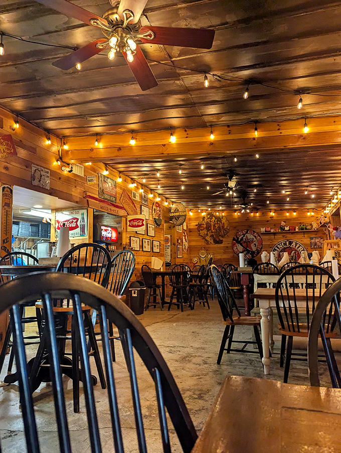 String lights overhead turn simple wooden interiors into something magical. Like Christmas morning, but with permission to lick your fingers.