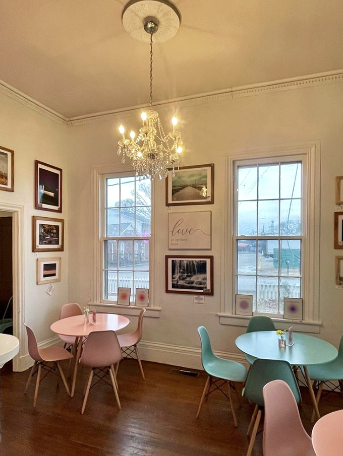 Pastel chairs and crystal chandeliers create the perfect setting for both serious brunch negotiations and spontaneous maple syrup accidents.