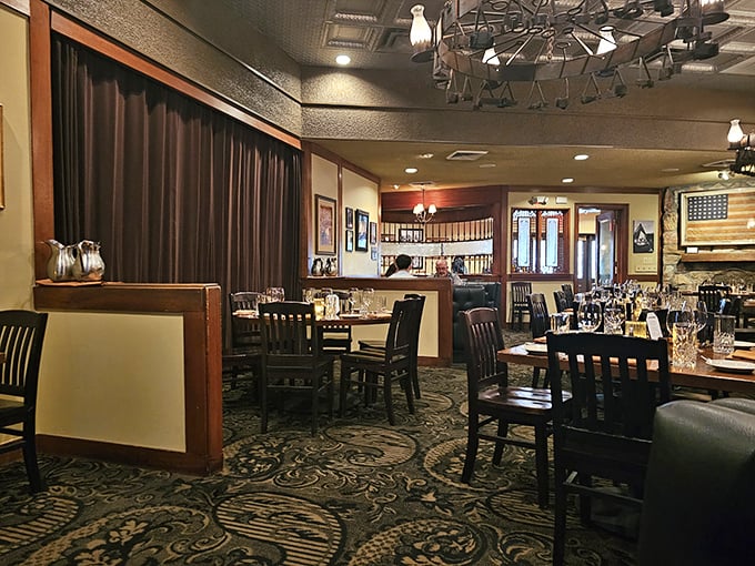 The dining room whispers of countless celebrations and power lunches past, where every table feels like the best seat in the house.