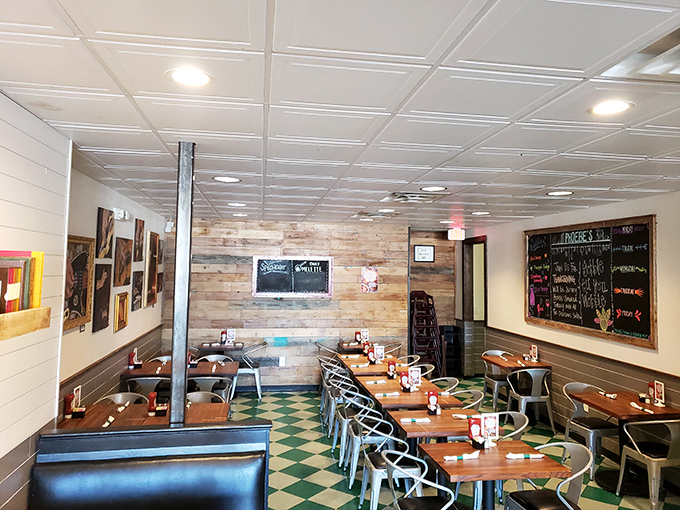 The dining room feels like it's been there forever, in the best possible way. Red pendant lights cast a warm glow over conversations and coffee cups.