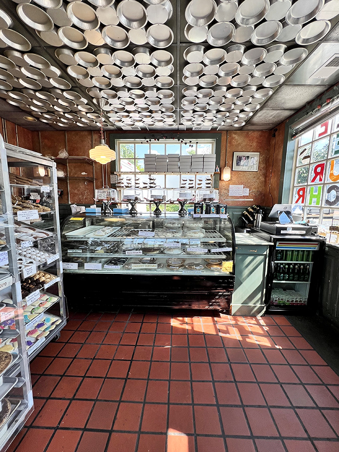 The interior's warm wood tones and cozy atmosphere make every visit feel like coming home to grandma's kitchen.