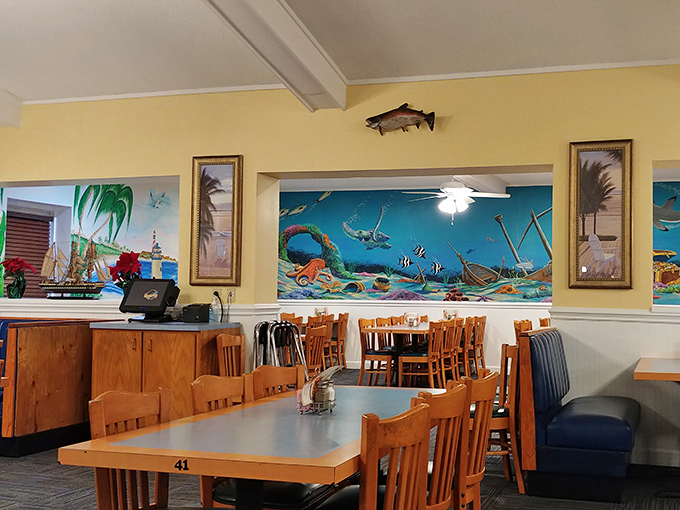 Coastal murals and fishing memorabilia transport you seaside, while your landlocked GPS insists you're still in Clinton. Delicious deception.