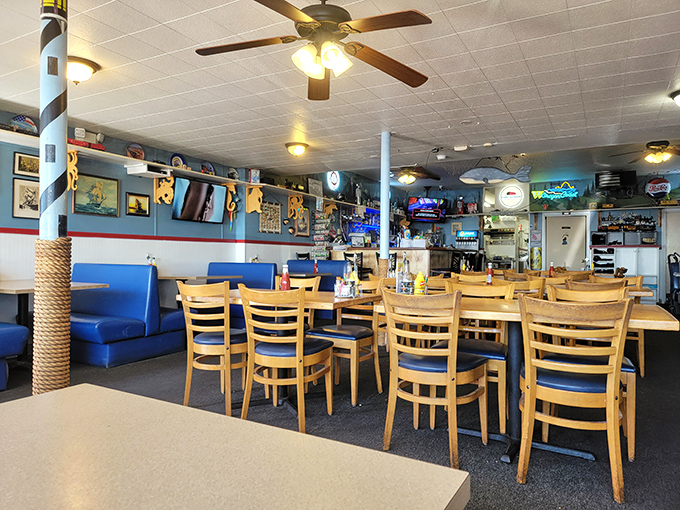 Nautical charm meets diner comfort in a space that feels authentically weathered by ocean breezes.