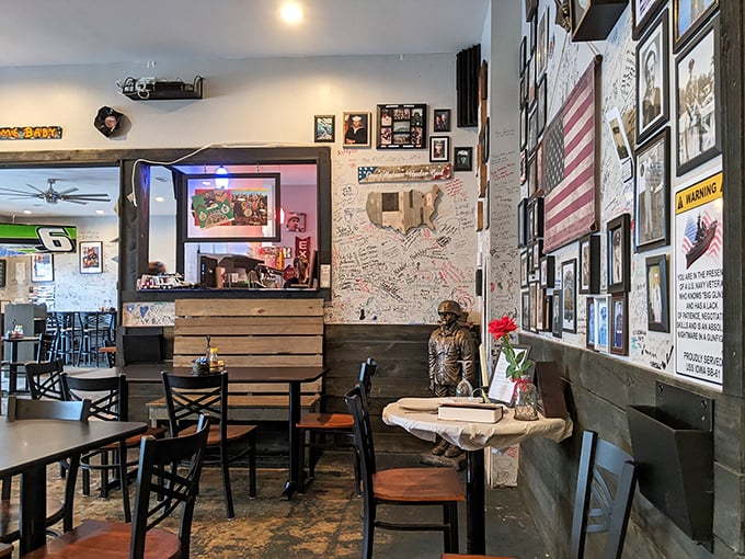 A bar area that invites lingering conversations and second cups of coffee, with decor that celebrates local pride.