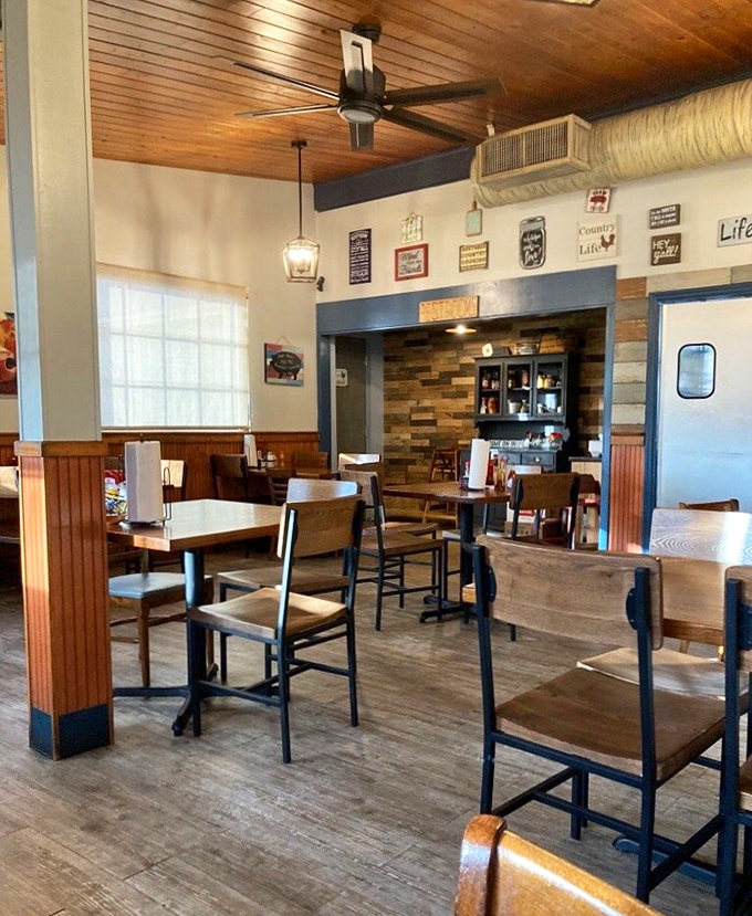 Wooden ceiling, rustic walls, and comfortable seating create the perfect backdrop for food that demands to be savored slowly.