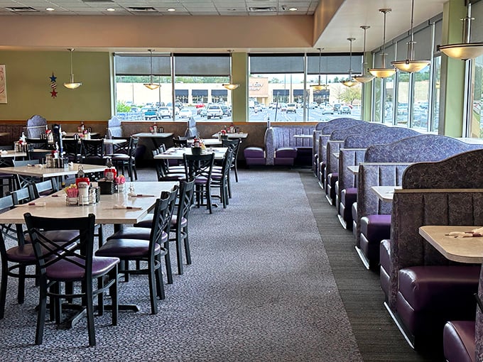 Windows that let in natural light and booths that have cradled generations of local gossip. The purple accents say "we renovated sometime this century."