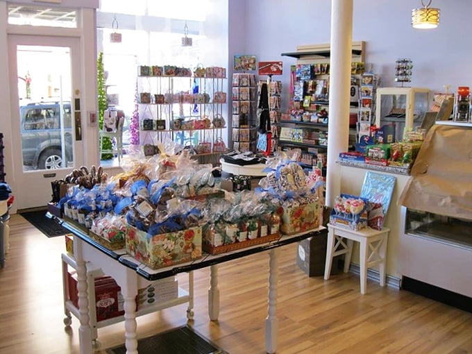 Gift baskets and candy displays that make willpower obsolete. The wooden floors have witnessed countless "just one more" promises being broken.