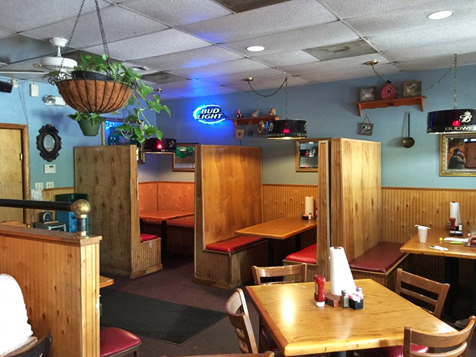 The dining room's wooden booths offer little privacy pods for your intimate relationship with whatever deliciousness you've ordered.