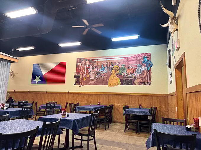 Another dining room view showcases Texas pride with the state flag and historical artwork&mdash;subtle reminders of where this comfort food tradition began.